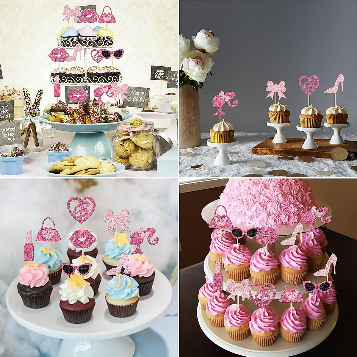 Biendo 32 PCS Glitter Pink Princess Cupcake Toppers Girl Cupcake Picks Handbag Glasses Bow Tie Lipstick High Heel Cake Decorations for Girl Princess Theme Bridal Shower Wedding Birthday Party Supplies