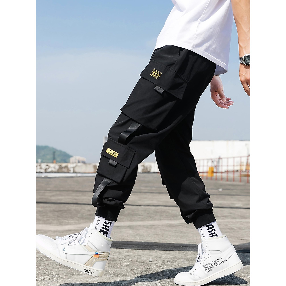 Ambcol Men's Jogger Pants Punk Cargo Baggy Techwear Streetwear Hip Hop Women Unisex Sports Casual Pants Black-09 Large
