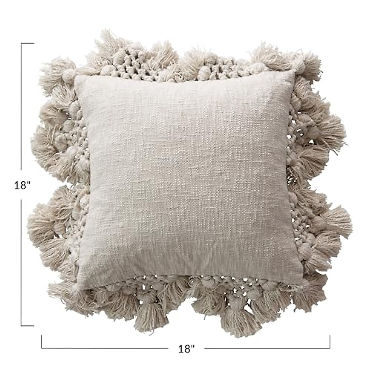 Creative Co-Op Cotton Slub Pillow with Crochet and Tassels, 1 Count (Pack of 1), Cream
