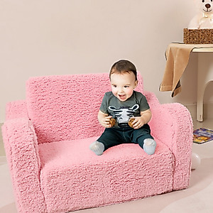 MOMCAYWEX Kids Chairs for Toddler, 2-in-1 Toddler Soft Sherpa Couch Fold Out, Convertible Sofa to Lounger for Girls and Boys, Pink