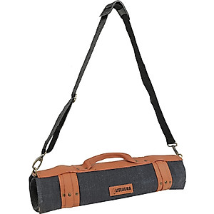 Chef knife roll bag large | stores 10 knives, 3 kitchen utensils Plus leather zipper pouch size open: 28" x 20" | waxed canvas knife carrier | easily carried shoulder strap professional chefs