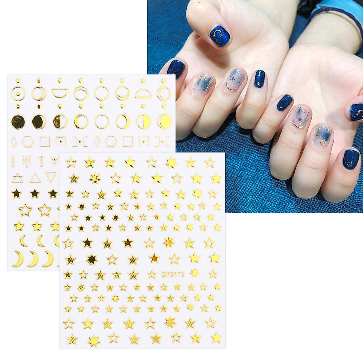 8 Sheets Gold Star Moon Nail Art Stickers Decals Self-Adhesive Metallic Ramadan Zodiac Design Manicure Tips Nail Decoration for Women Girls