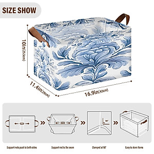 ATTX Blue Floral Pattern Storage Baskets,Large Decorative Collapsible Rectangular Waterproof Fabric Storage Bin for Home Office(16.9x11.4x10inch,1 Pack) #830