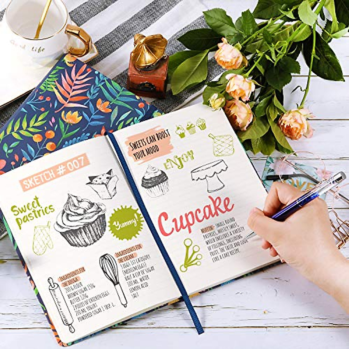 Lemome Home Journal/Ruled Notebook - Hardcover Ruled Journal with Premium Thick Paper, 5.8" x 8.4", Back Pocket + Bookmark + Round Corner Paper + Banded - Navy Floral