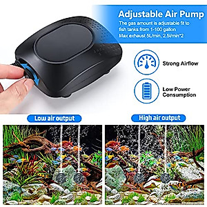 CWKJ Aquarium Air Pump Dual Outlets, Adjustable Quiet Oxygen Aerator Pump, Fish Tank Bubbler with Accessories Kit for Fish Tank up to 100 Gallons