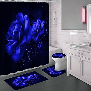 Rose Shower Curtain Sets with Non-Slip Rugs, Toilet Lid Cover and Bath Mat,Flower NauticalShower Curtains with 12 Hook s, Durable Waterproof Bath (Blue Rose)… (Blue Rose), 72'' x 72''