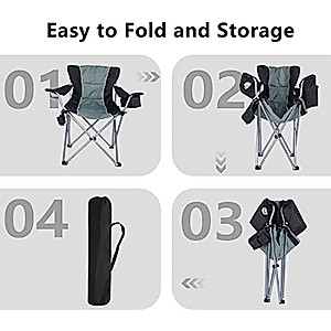 YSSOA Oversized Camping Folding Chair with Cup Holder, Side Cooler Bag, Heavy Duty Steel Frame Fully P Added Quad Armchair for Outdoors, 1-Pack, Grey