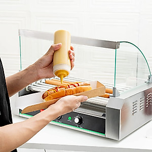 Restaurantware Hi Tek Hot Dog Spinner 1 Curved Glass Sneeze Guard Hot Dog Cooker - Dual Temperature Controls Removable Drip Tray Stainless Steel Hot Dog Roller No-Slip Feet Fits 24 Hot Dogs