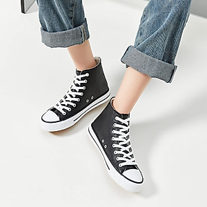 FINIWOR Women's High Top Sneakers PU Leather Fashion Sneakers Women Lace-Up Black and White High Top Sneakers Casual Shoes(Classic Black;US08)
