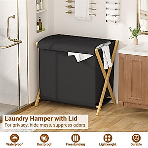 2-Section Extra Large Laundry Hamper with Lid, 125L (33 Gal) Divided Dirty Clothes Laundry Basket with Bamboo Frame, Double Hampers Organizer for Laundry Room, Bathroom, Bedroom, Black