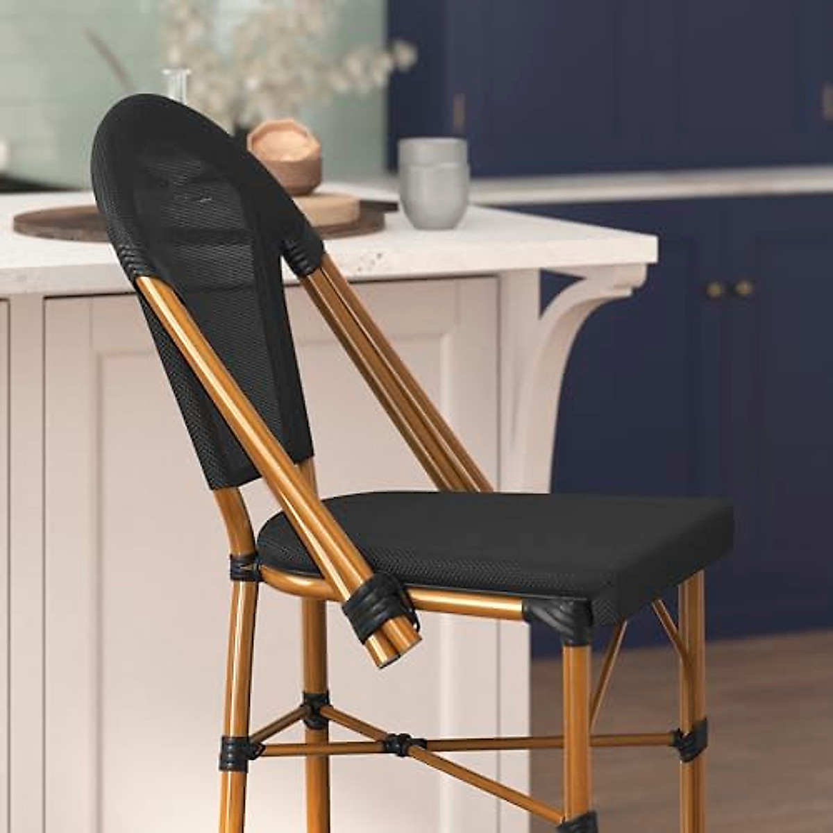 Flash Furniture Marseille Indoor/Outdoor Commercial Bistro Stacking Bar Stool - Black Textilene Back and Seat - Natural Bamboo Print Metal Frame, 2 Pack