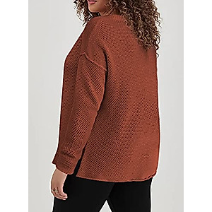 Eytino Womens Plus Size Waffle Knit V Neck Sweater Casual Long Sleeve Side Slit Button Henley Pullover Jumper Top,2X Red