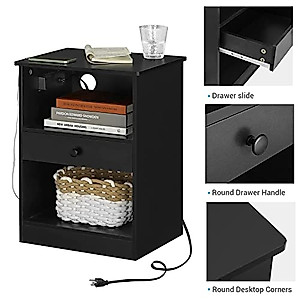 EPHEX Set of 2 Nightstand with Charging Station and Drawer, End Side Table with USB Ports & Power Outlet, Bedside Table Storage Cabinet with 2 Open Drawers for Bedroom, Black