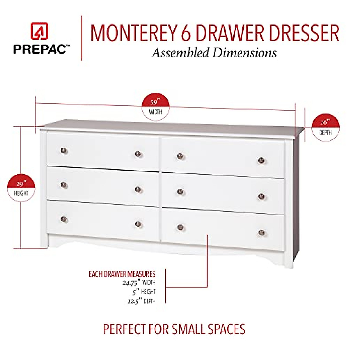 Sonoma 6 Drawer Double Dresser for Bedroom, White