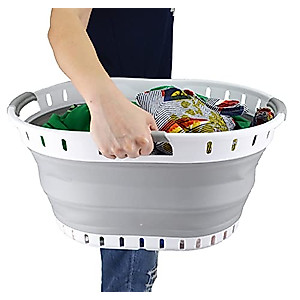 SAMMART 25L (6.6 gallon) Collapsible Plastic Laundry Basket - Foldable Pop Up Storage Container/Organizer - Space Saving Hamper/Basket (White/Grey)