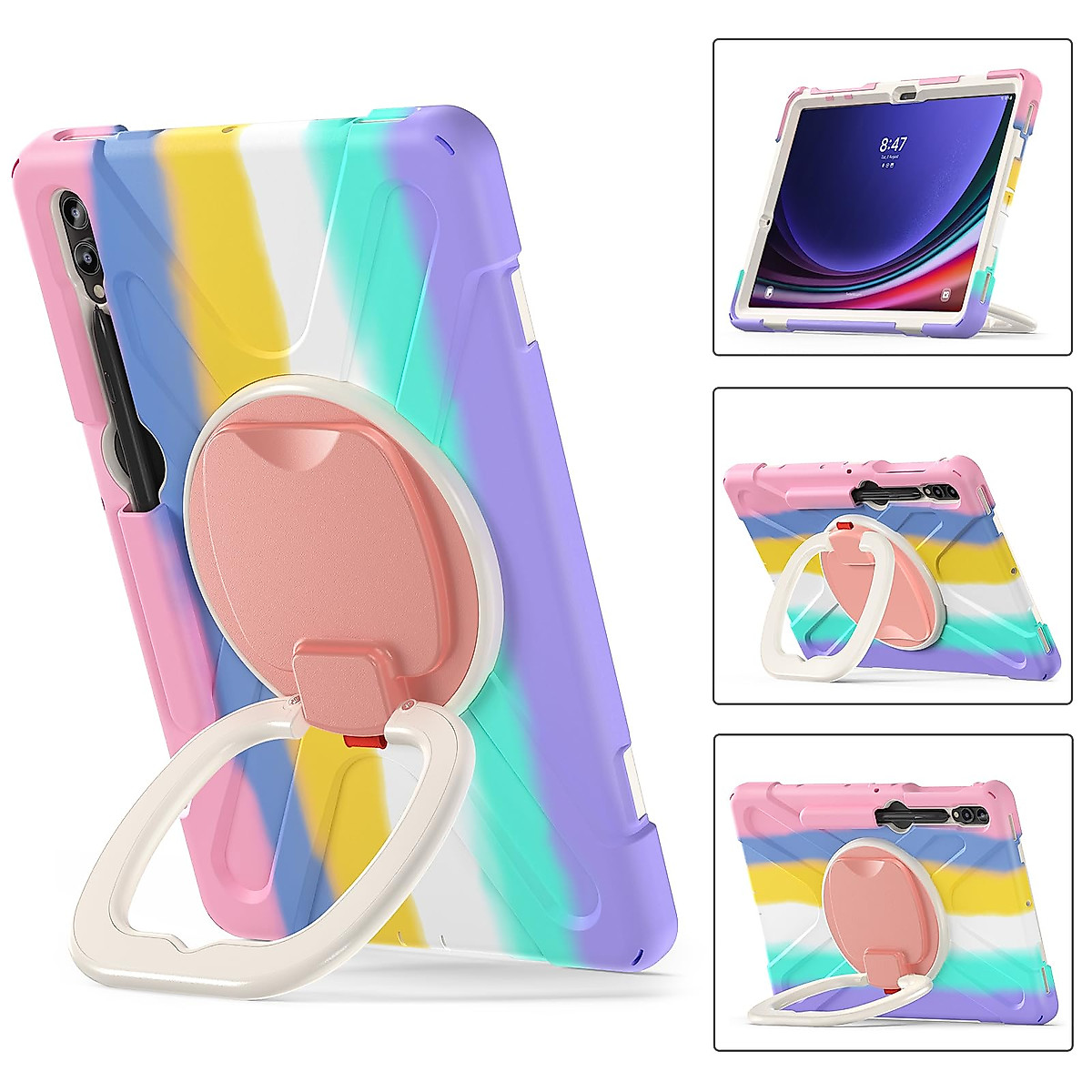 360 Rotation Case for Samsung Galaxy Tab S9+ 12.4'' 2023/S8+ /S7+/S7 FE，with Shoulder Strap S Pen Holder Rotatable Kickstand/Handle Rugged Silicone Case(Colorful Pink)