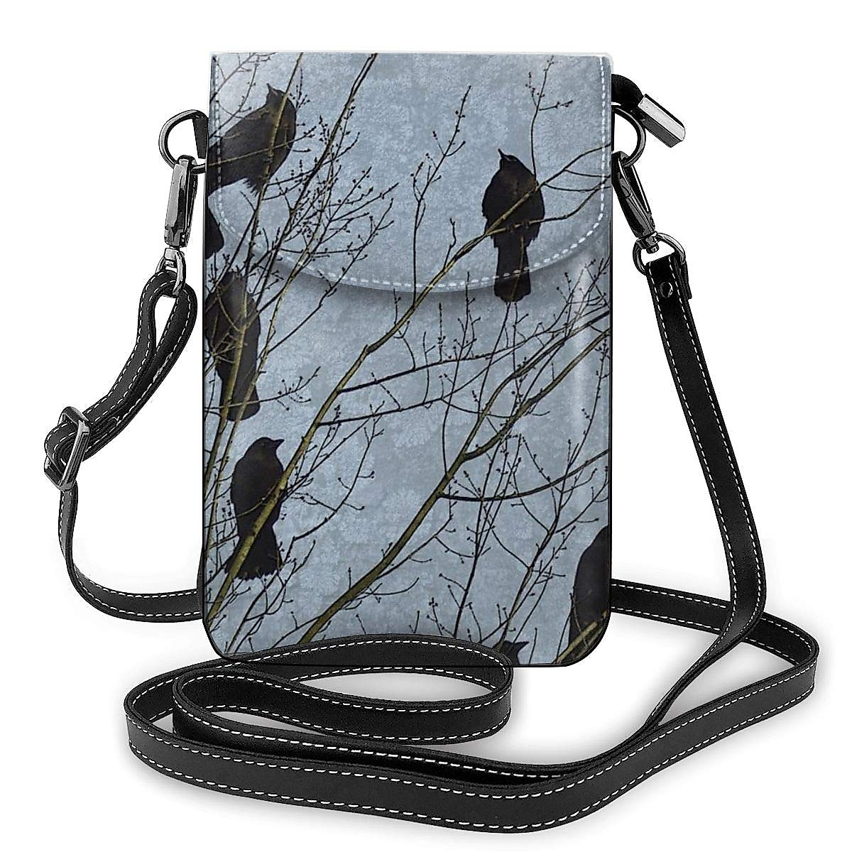 Perfect Gift - Stylish Black Crow Raven Bird Cell Phone Purse Wallet Big Pocket Small Crossbody Bags Adjustable Shoulder Strap Cellphone Pouch With Card Slots