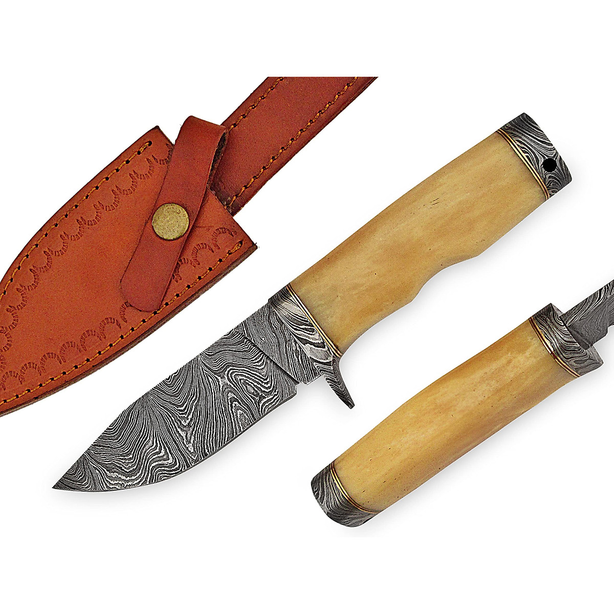 SFG - 9" Fixed Blade Hunting Bowie Knife, Damascus Steel Blade, Non-Slip Buffalo Bone Handle, Hunting, Camping, Backpacking, Fishing, Christmas Gift Item For Men