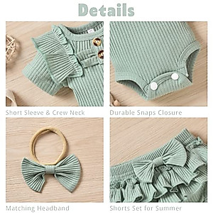 Aalizzwell 0 - 3 Months Newborn Infant Girls Clothes Short Sleeve Bloomer Shorts Ribbed Summer Outfit Olive Green