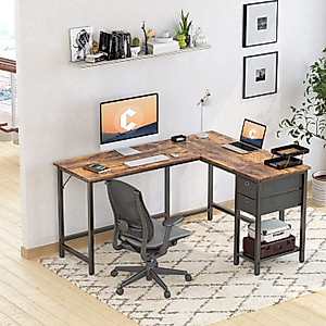 Cubiker L-Shaped Computer Desk, Gaming Corner Desk with Non-Woven Drawer, Home Office Sturdy Writing Table, Space-Saving, Easy to Assemble
