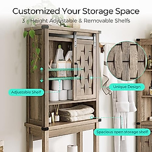LINSY Farmhouse Over The Toilet Storage Cabinet, Bathroom Organizer with Sliding Barn Door and Adjustable Shelves, Light Brown