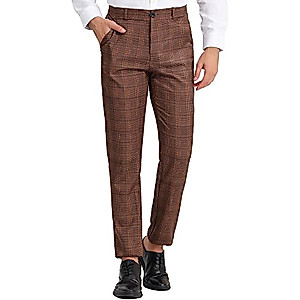 Lars Amadeus Men's Brown Plaid Dress Pants Straight Leg Flat Front Business Formal Checked Trousers 36