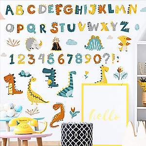 61 Pieces Cute Dinosaur Wall Stickers Enlightenment Education Numbers ABC Alphabet Wall Decals Removable Peel and Stick Nursery Wall Poster Mural for Kids Classroom Bedroom Playroom Living Room Decor