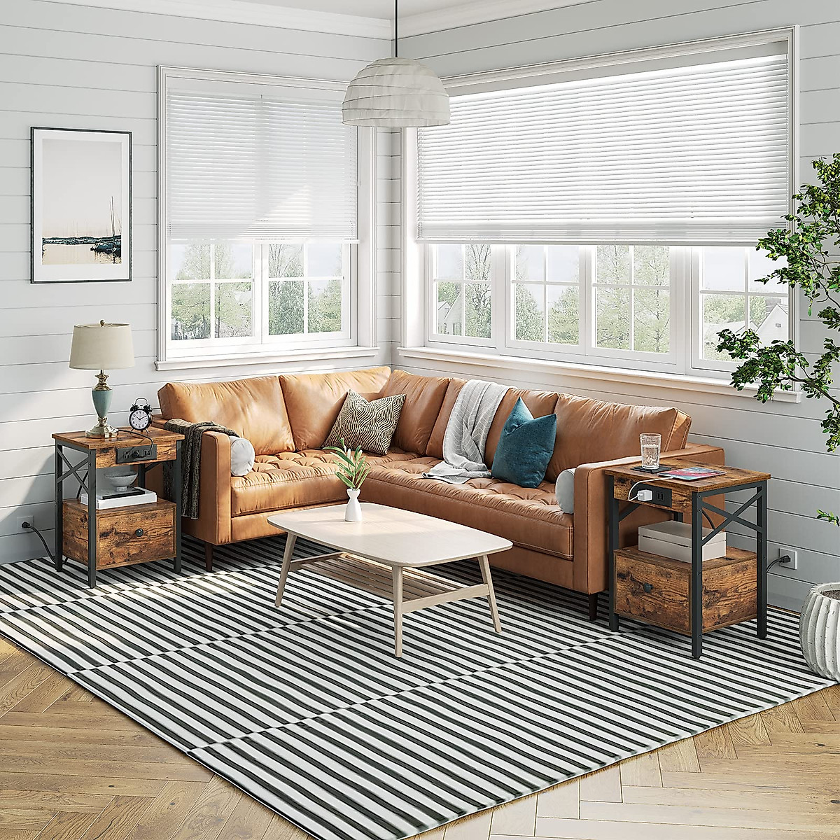 HOOBRO Nightstand with Charging Station, End Table with Drawer, USB Ports and Power Outlets, Farmhouse Nightstand Bedside Table for Bedroom, Space Saving, Rustic Brown BF128UBZ01G1