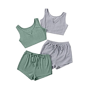 Milumia Women's 4 Pieces Ribbed Knit Crop Tank Top and Drawstring Waist Shorts Pajama Set Loungewear Grey and Green X-Large