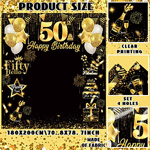 50th Birthday Decorations Banner, Large 50th Birthday Backdrop for Photo Booth Props, Black and Gold Fifty Birthday Decorations 50th Birthday Photo Backdrop for Men Women Outdoor Indoor