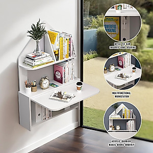 Bixiaomei Wall Mounted Drop-Leaf Table, Floating Laptop Desk, Folding Table with Shelves, Multifunctional Computer Workstation Storage Compartments in Home Office for Space Saving (White)