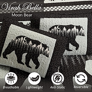 Virah Bella 3 Piece King Lodge Quilt Bedding Set - Moon Bear - Rustic Cabin Country Reversible Camping Comforter Set with Decorative Pillow Shams, Black/White