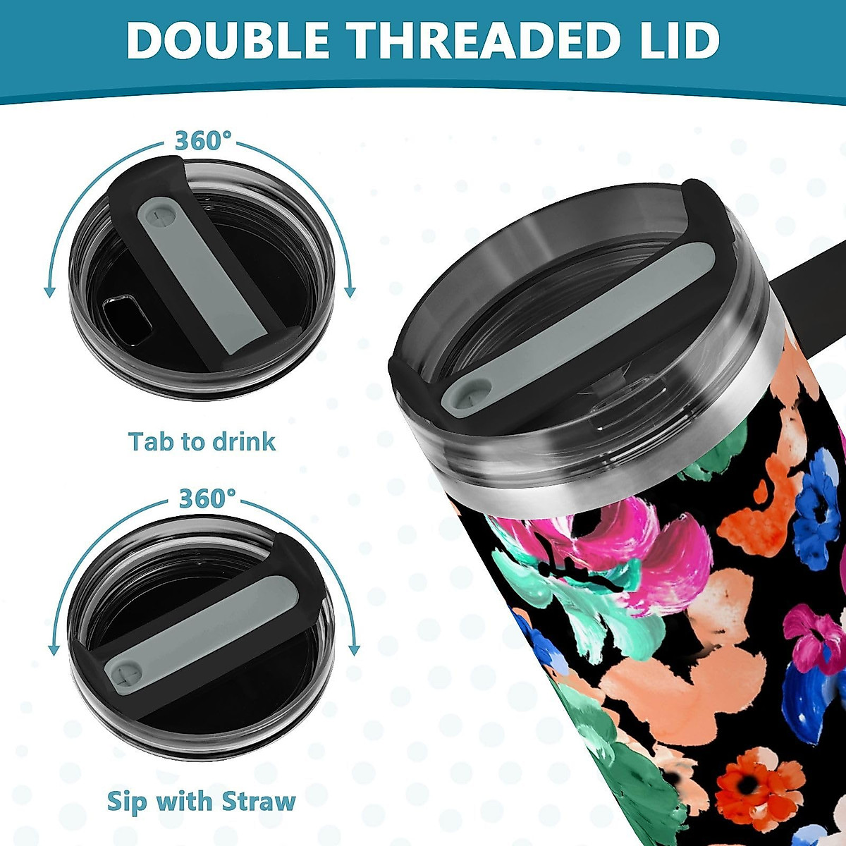 Yasala Car Tumbler with Handle Watercolor Rainbow Color Flower Travel Mug Coffee Cup Insulated Beverage Container Mega Cup for Hot Cold Drinking Thermos Water Bottle Cupholder Friendly 40 oz