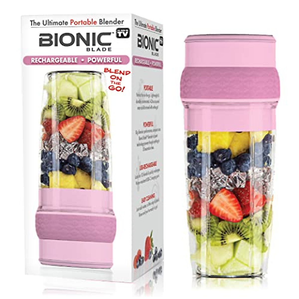 Bionic Blade Personal Blender 490mL, Cordless, Rechargeable 18,000 RPM Portable Blender for Shakes and Smoothies Mini Blender Portable 8.6" Tall, Seen On TV (Pale Rose)