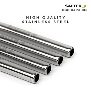Salter 302 SSXR Eco Reusable Metal Drinking Straws, Curved and Straight Design, Set of 8, Includes a Sisal Fibre Cleaning Brush and Drawstring Bag, Perfect for a Night Out or Picnic, Stainless Steel