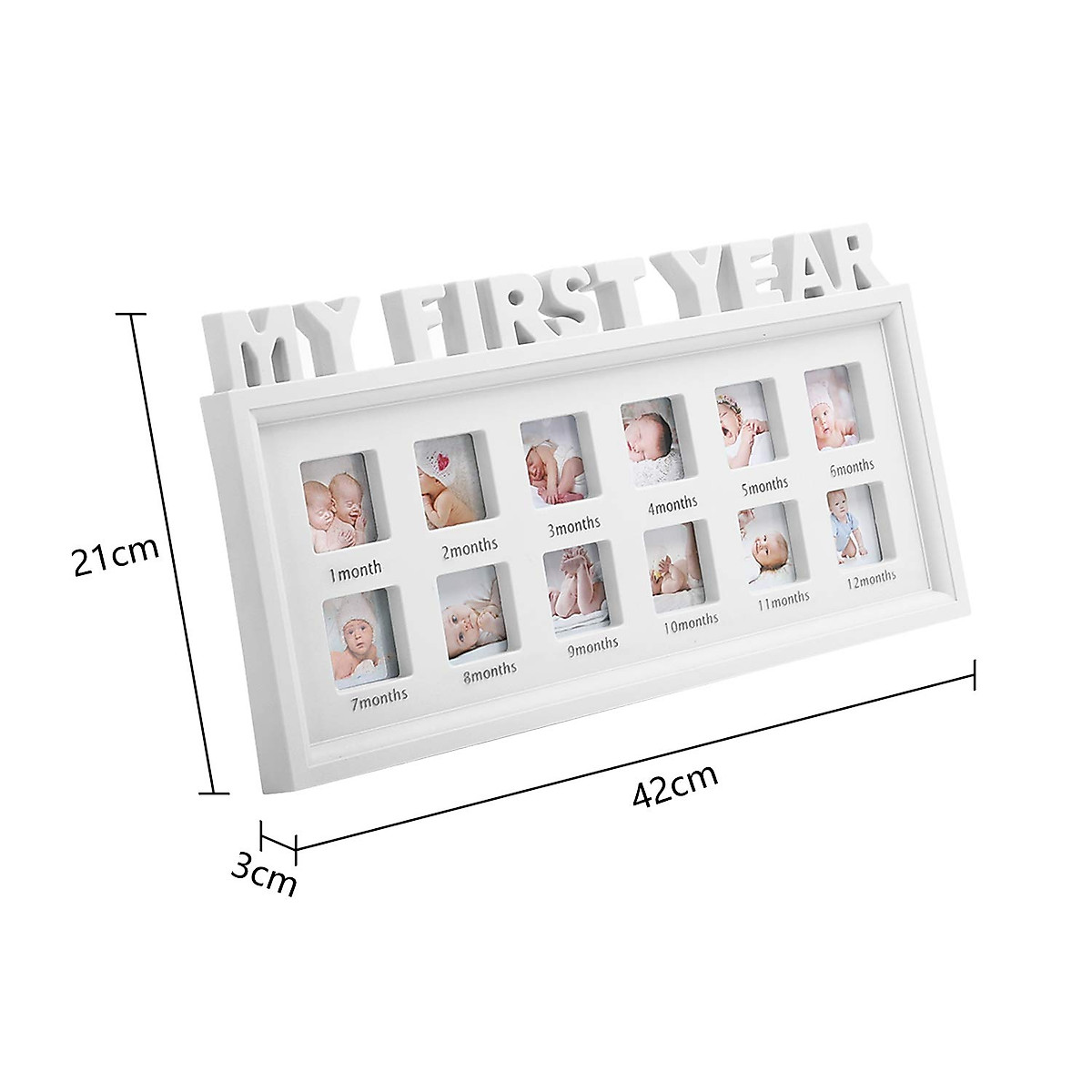 My First Year Picture Frames Baby Moments Keepsake Photo Frame Newborn Infant Collage Frame Boys Girls Shower Gift Wall hanging 12 Month Frame for Room Wall Nursery Décor Elegant White Natural Wood