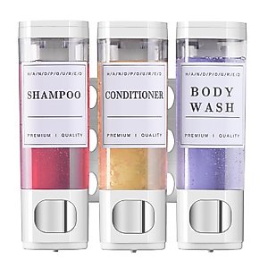 Shower Soap Dispenser Wall Mounted No Drill Shampoo Dispenser for Shower Wall Shampoo and Conditioner Dispenser Bathroom Hotel 3 * 300ml White with Labels