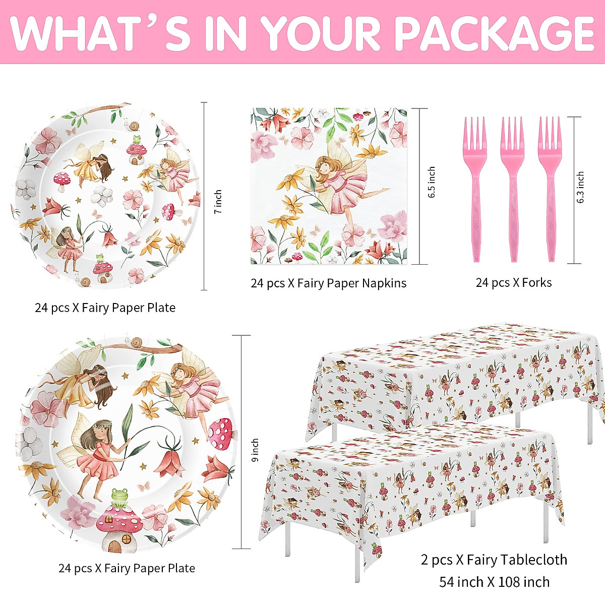 Xigejob Fairy Party Decorations Tableware, Fairy Birthday Party Supplies, Plate, Napkin, Tablecloth, Fork, Flower Fairies Enchanted Forest Garden Birthday Baby Shower Decorations Dinnerware | Serve 24