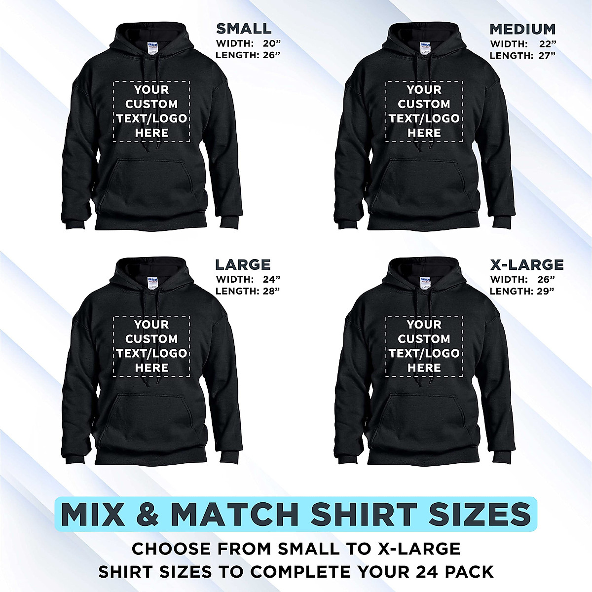 Custom Gildan Adult Hoodies for Men and Women, 24 Pack of Personalized Promotional Shirts with Customized Text or Logo, Comfortable Cotton Unisex Sweatshirt with Hood for Fall, Winter Weather - Black