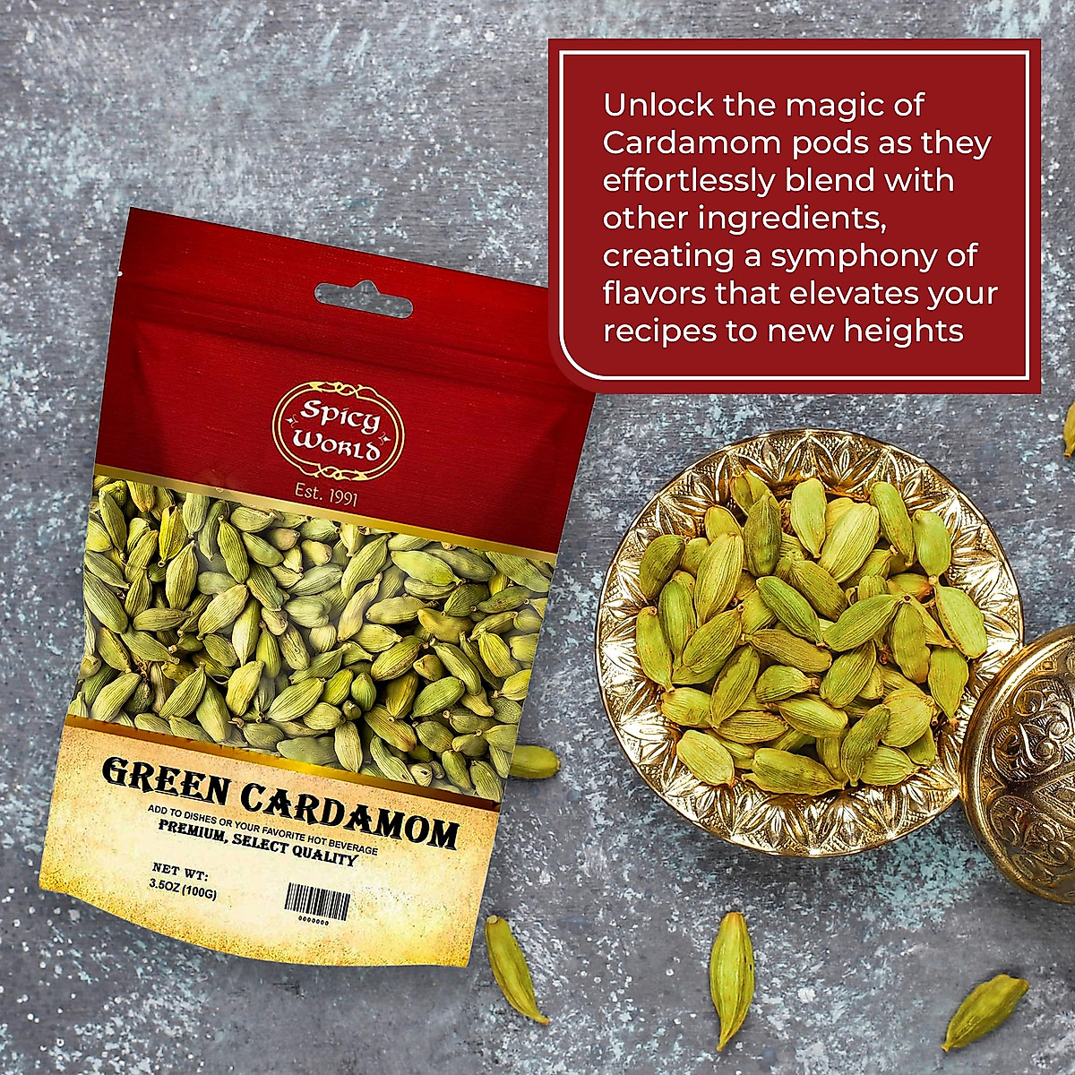Spicy World Green Cardamom Pods 3.5 Oz - As Seen on Tik Tok - Premium Quality Whole Green Cardamom Pods | Vegan | Large | Aromatic Cardamon