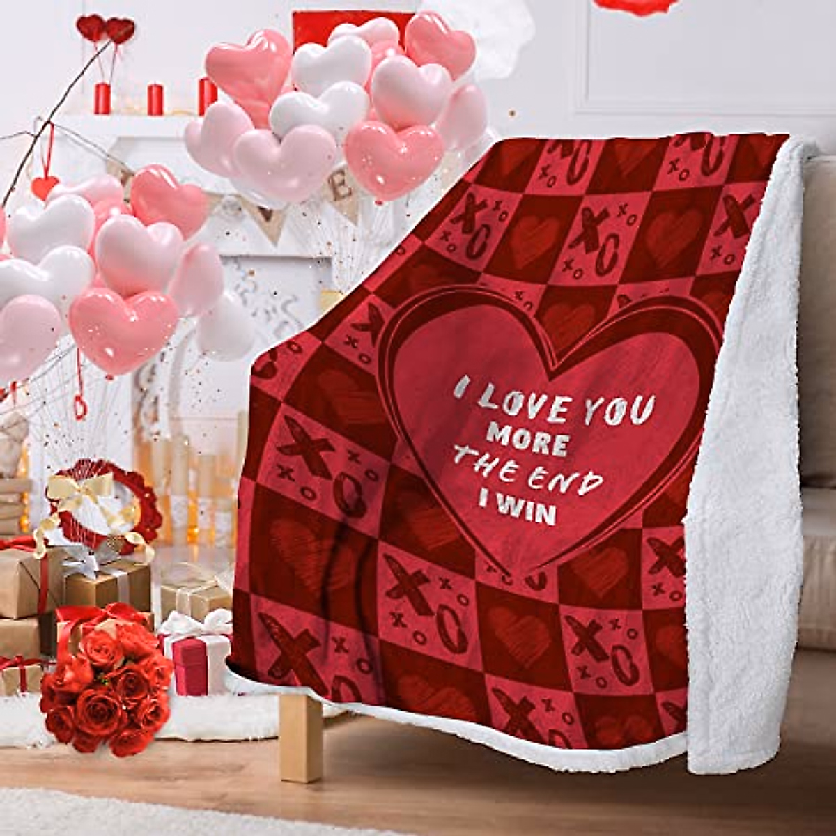 Mother's Day Sherpa Flannel Throw Blankets Burgundy Red Buffalo Plaid,I Love You Thick Reversible Plush Fleece Blanket for Bed Couch Sofa Romantic Wedding Comfy Warm Fuzzy TV Blanket 59x79in