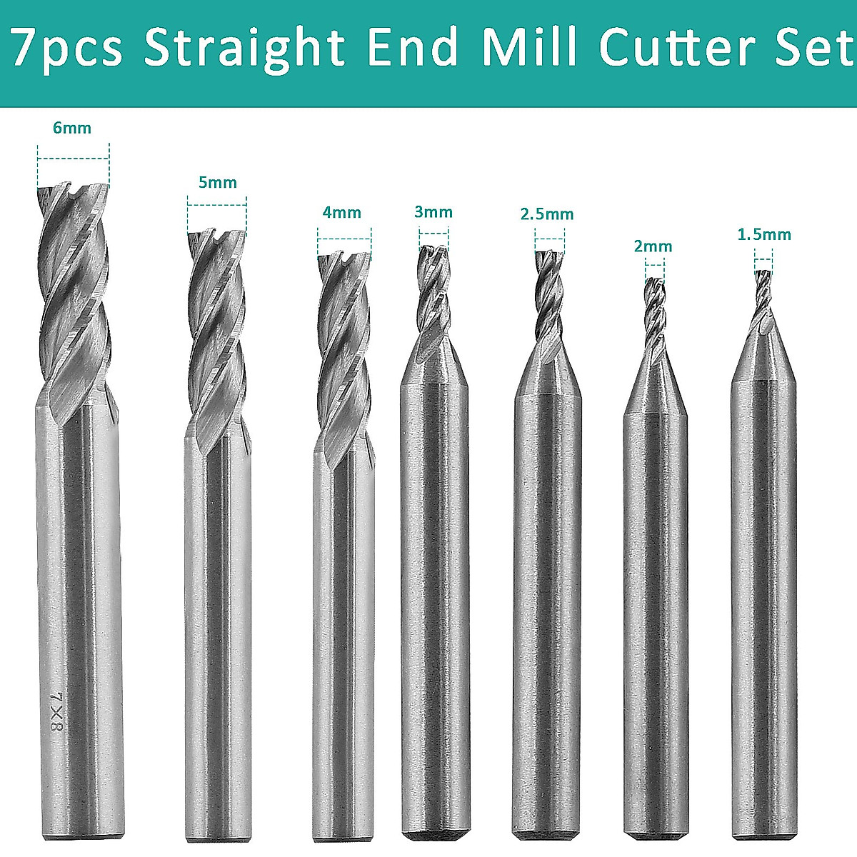Aracombie 7pcs Straight End Mill Cutter Set, 4-Flute Drill Bit CNC Milling Bit Set, Square Nose HSS End Mill Metric Metal Router Bit Set for Wood Aluminum Steel (1.5mm 2mm 2.5mm 3mm 4mm 5mm 6mm)