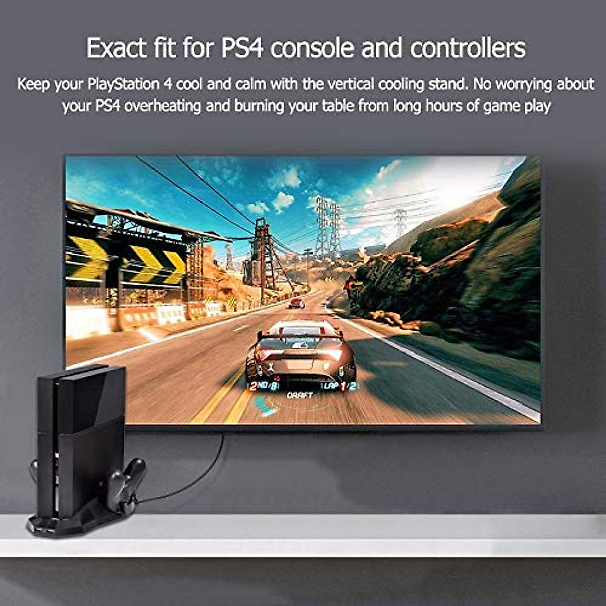 Vertical Stand Holder for PS4 Game Console with Dual Cooling Fan Dual USB Controller Charging Ports