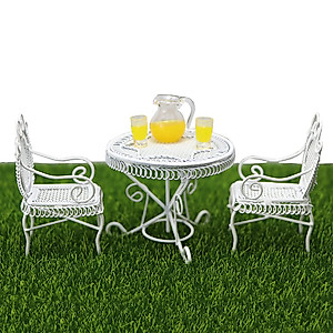 Dollhouse Miniature Bistro Table & Chairs Set Accessories Metal 1:12 Scale Miniatures White Coffee/Tea Furniture Fairy Garden Cute Rustic Elegant Decorations Ornaments (A)