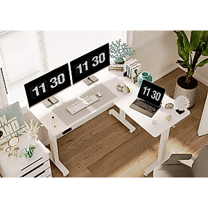 Claiks Triple Motor L Shaped Standing Desk, 63 x 55 inch Corner Stand Up Desk, Adjustable Height Desk with Splice Board, White Frame/White Top