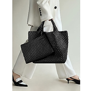 Woven Tote Bag, Women Macaron Soft Leather Weave Handbag Purse Wrist Bag Large Capacity Work Shopping Travel Daily (Black)