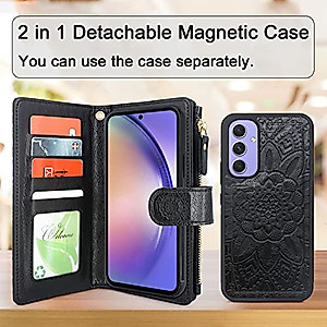 Harryshell Detachable Magnetic Case Zipper Wallet Leather Phone Cover with Cash Coin Pocket 12 Card Slots Holder Wrist Strap Lanyard for Samsung Galaxy A54 5G 2023 (Flower Black)