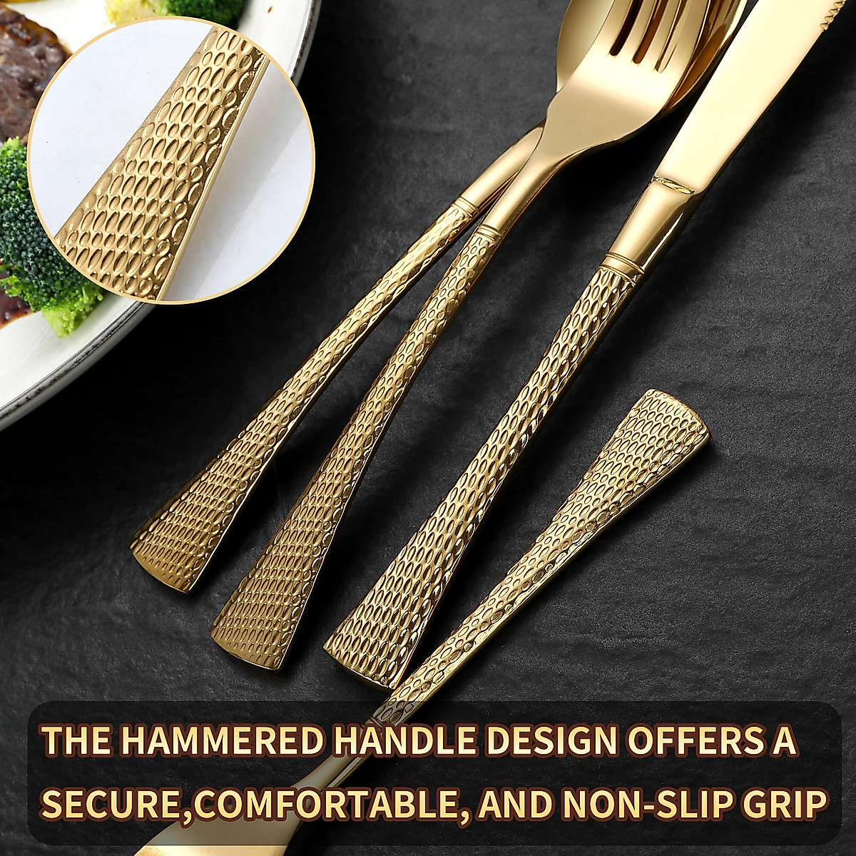 Lemeya Hammered Gold Silverware Set for 4,Stainless Steel 20-Piece Modern Cutlery Set,Mirror Polished Heavy Duty Flatware Set Utensil Set,Knives Spoons and Forks Set,Dishwasher Safe