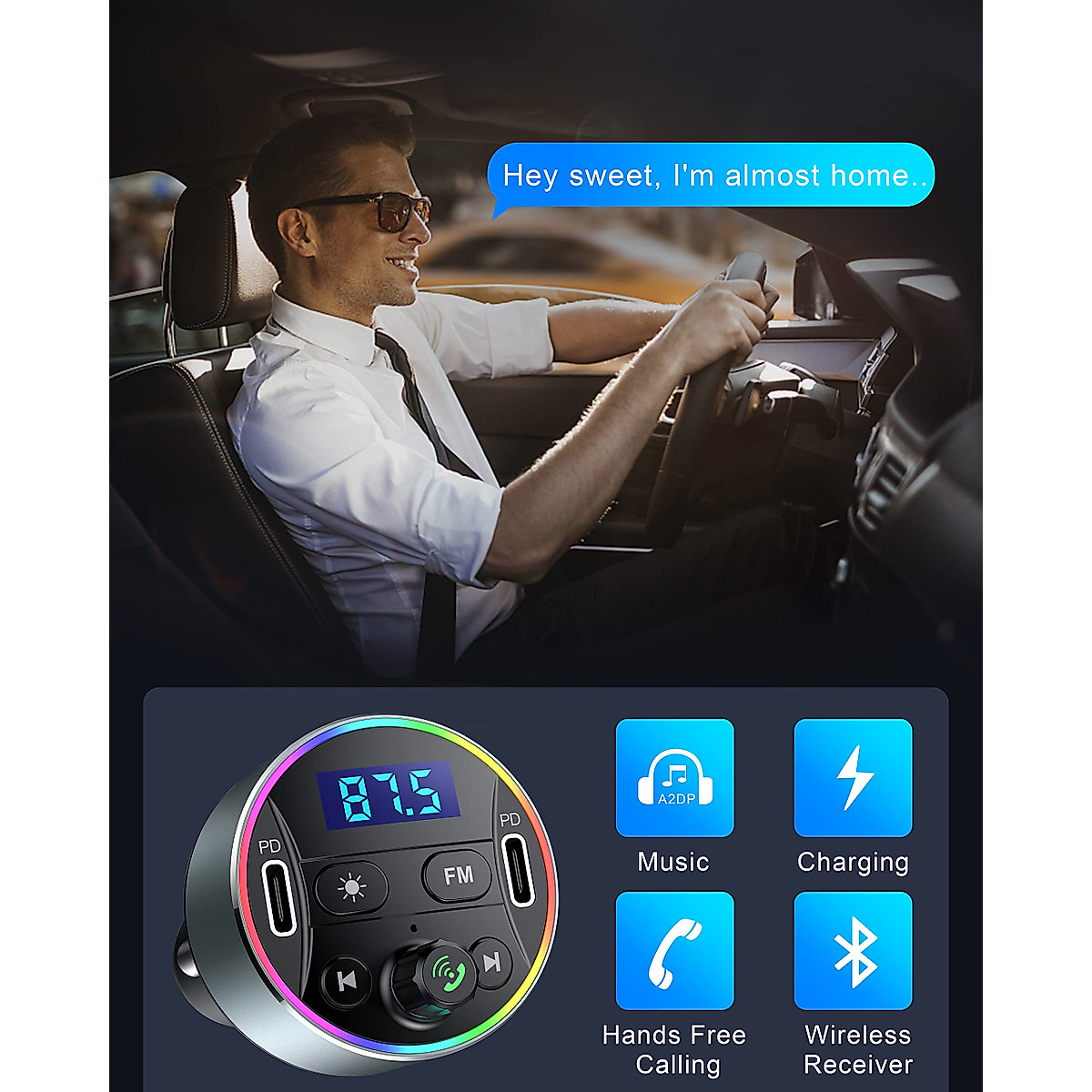 Dual PD 40W Type-C USB Car Charger Bluetooth Car Adapter Bluetooth 5.3 FM Transmitter for Car with Microphone & HiFi Sound MP3 Music Player Radio Audio Receiver Support Hands-Free Calling