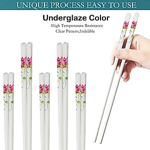 Chopsticks Reusable 5 Pairs Ceramic Chopsticks Dishwasher safe 9.7 Inches (Pink lotus flower)